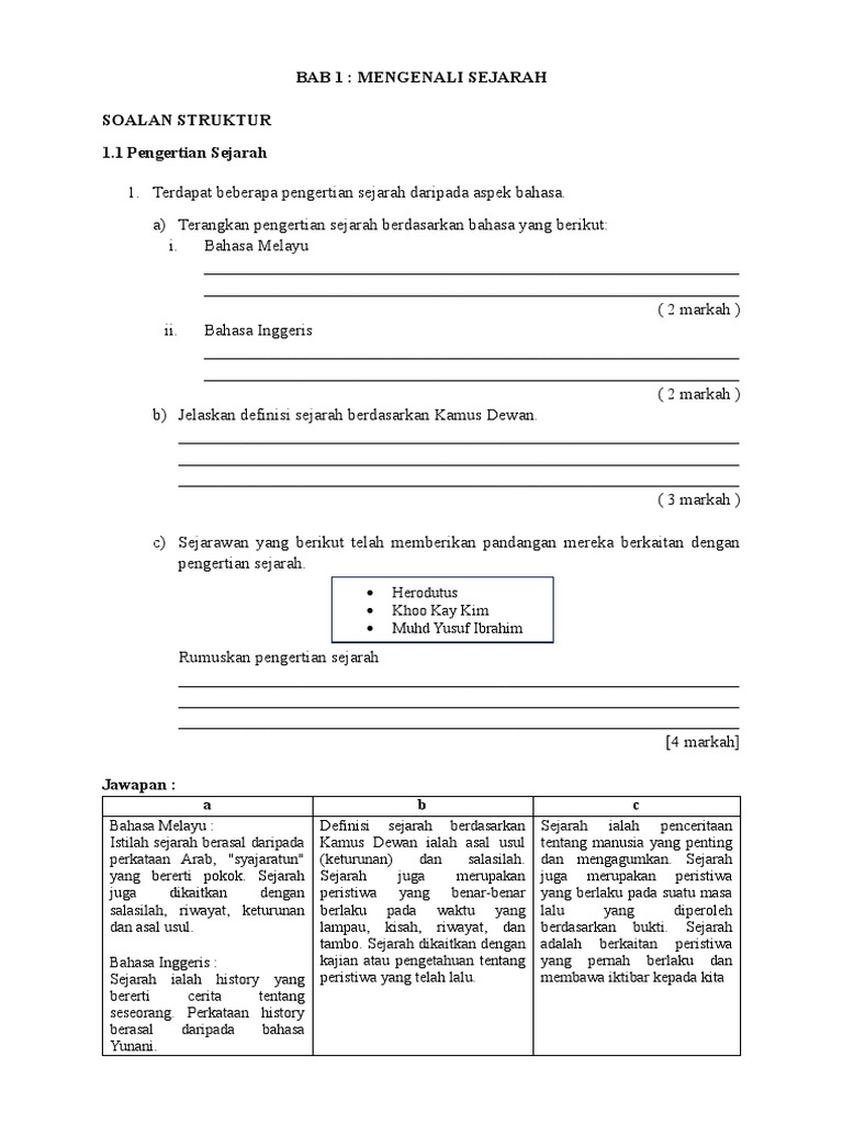 Bab 1: Mengenali Sejarah Soalan Struktur 1.1 Pengertian Sejarah | PDF