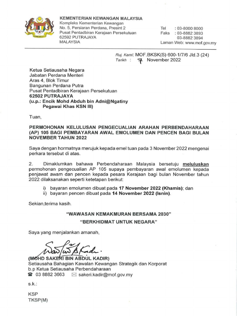 Surat Kelulusan Permohonan Pengecualian Arahan Perbendaharaan (AP) 105 ...