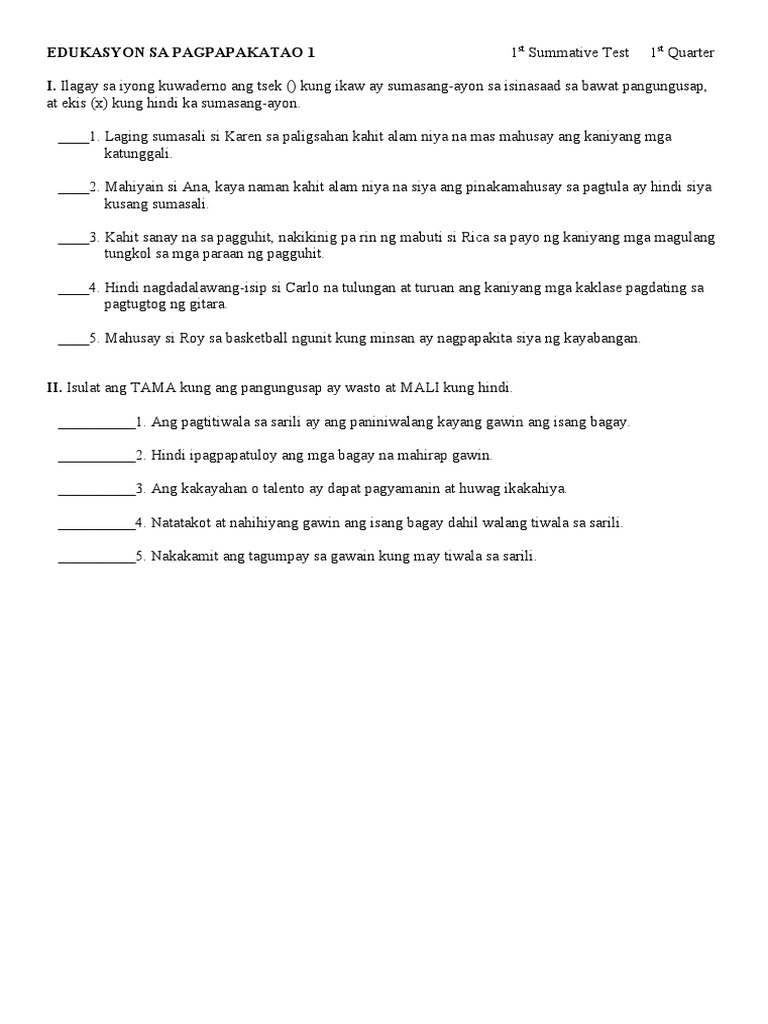 ESP Grade 1 Quarter 1 Summative Test 1 | PDF