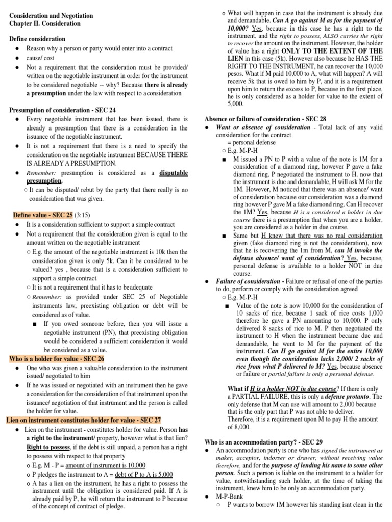 Consideration-And-Negotiation REVIEWER | PDF | Negotiable Instrument | Loans