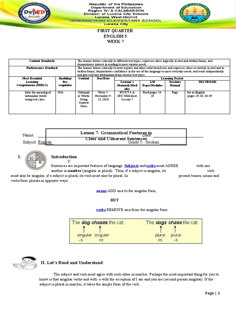 Q1 Week 7 English | PDF | Grammatical Number | Verb