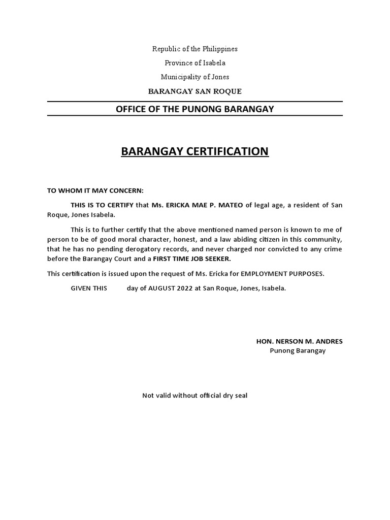 Barangay Certification | PDF | Wellness