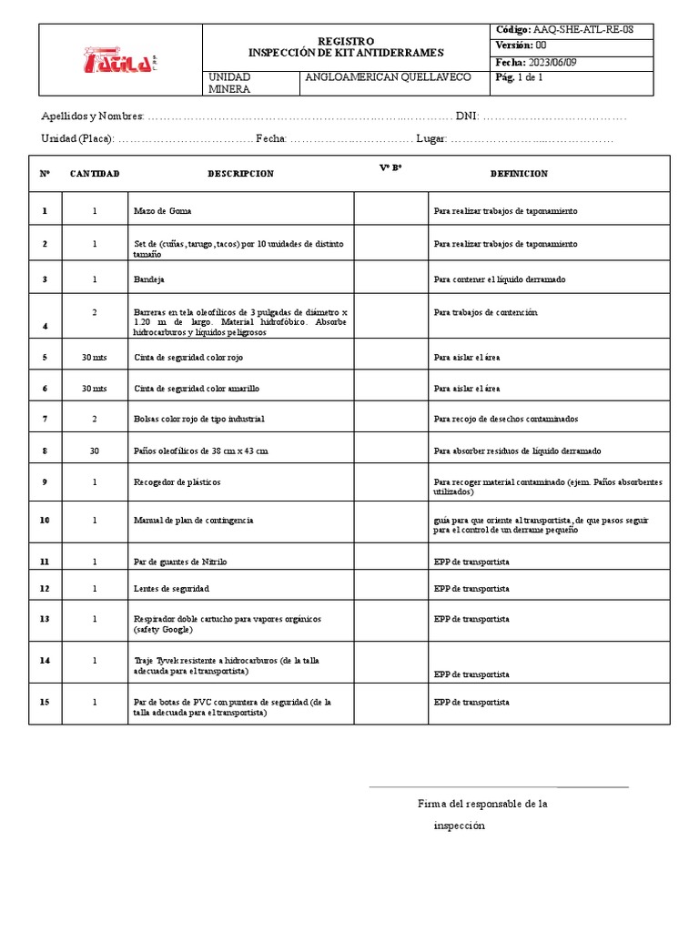 AAQ-SHE-ATL-RE-008 Check List de KIT ANTIDERRAME | Descargar gratis PDF | Materiales