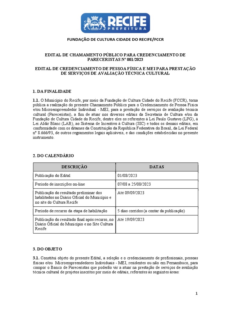 Edital de Chamamento Publico para Credenciamento de Pareceristas N 0012023 | PDF