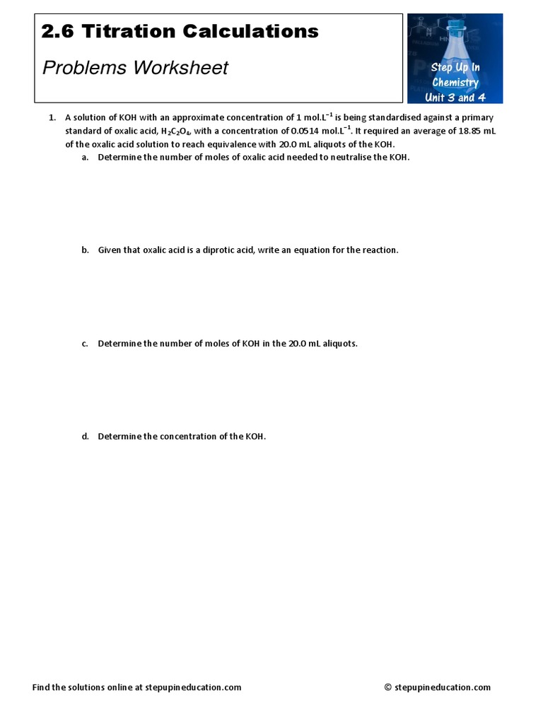 Step Up 2.6 Titration Calculations Problems Worksheet | PDF