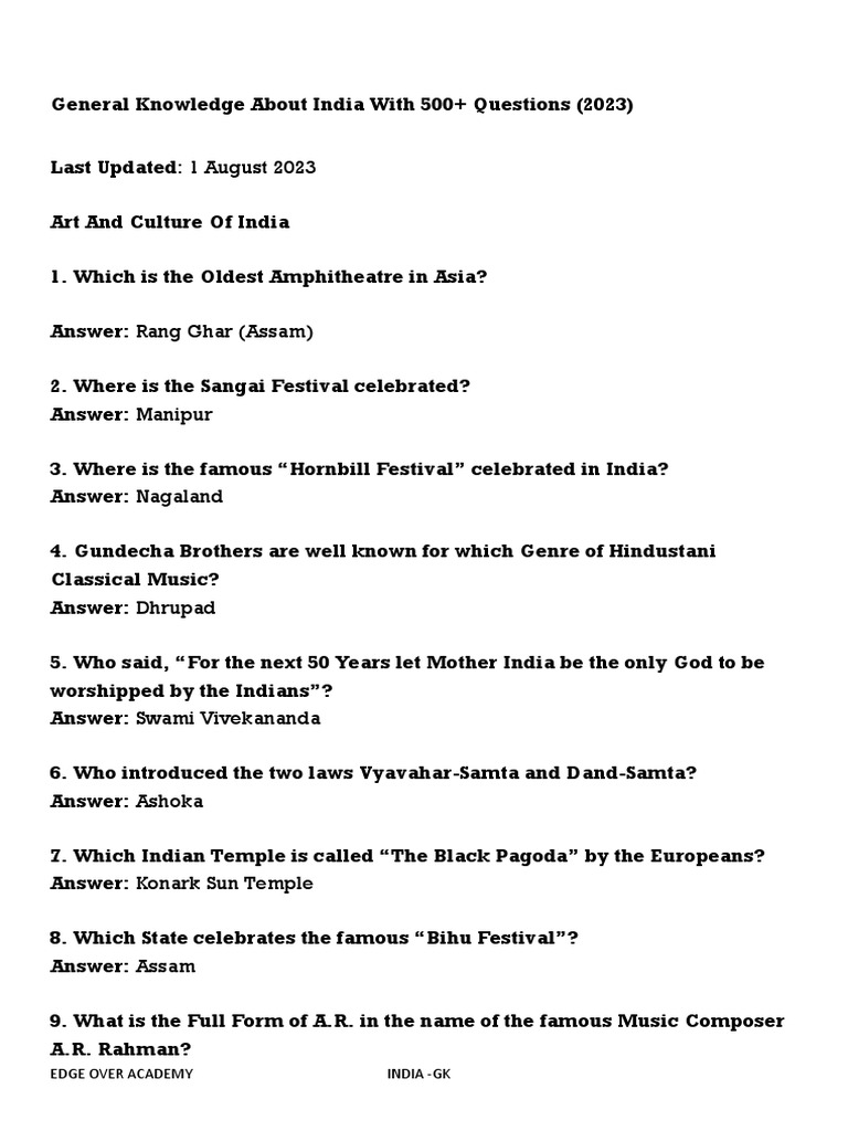 General Knowledge Quiz on India | PDF | Government Of India