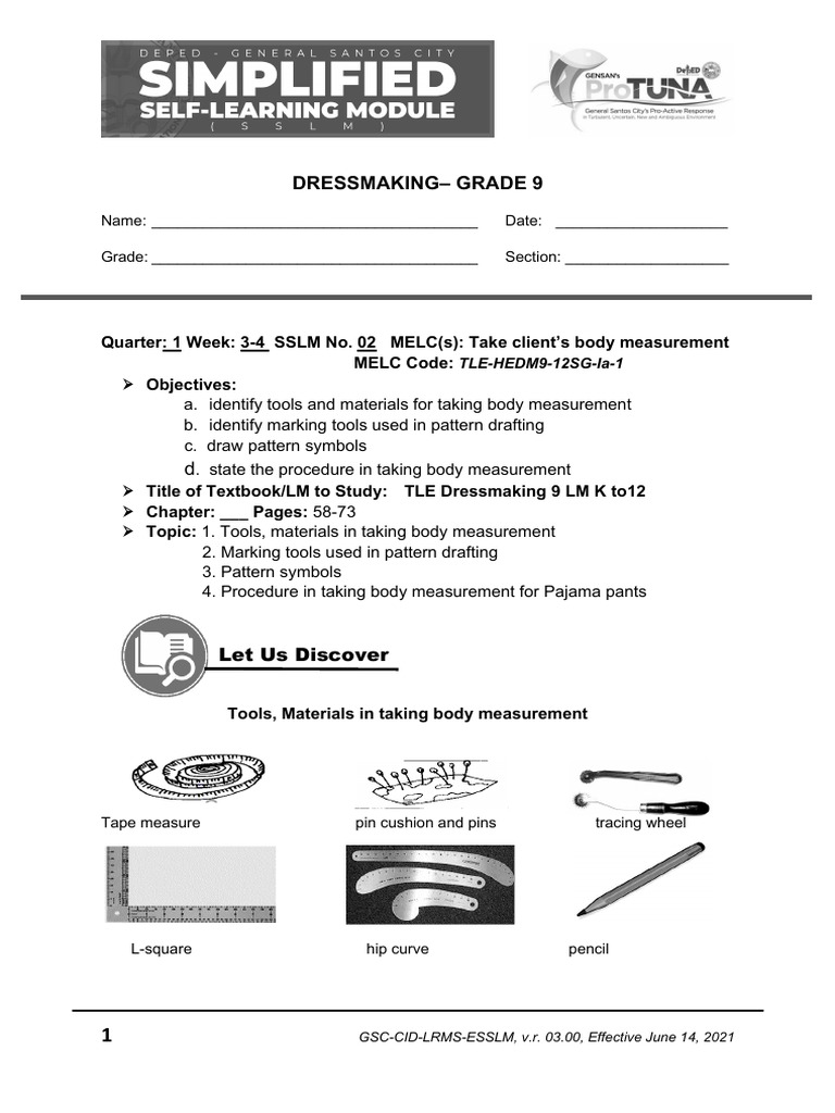 DRESSMAKING 9 SSLM V3 Q1 Week 3 4 | PDF | Sewing | Clothing