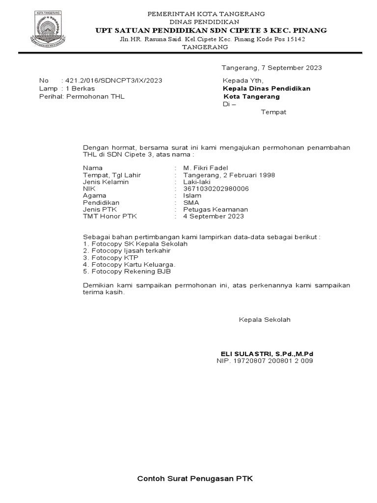 Contoh Surat Permohonan Tambah PTK Ke DAPODIK Dan Surat Tugas | PDF