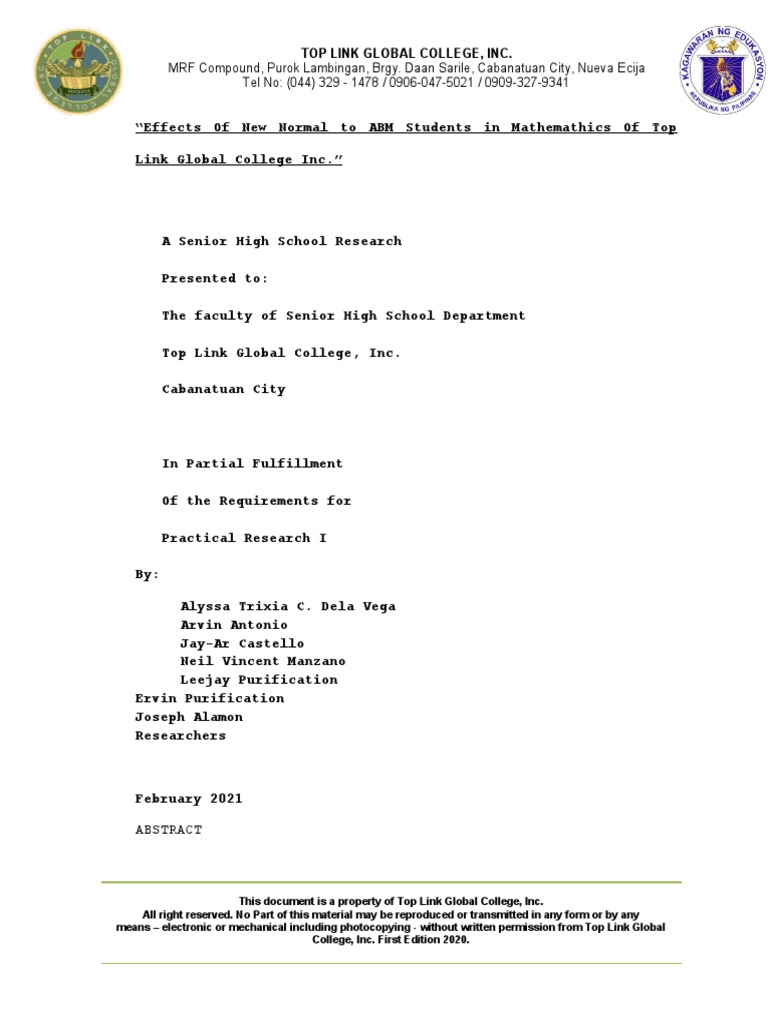 Effects of New Normal To ABM Students in Mathematics of Top Link Global ...