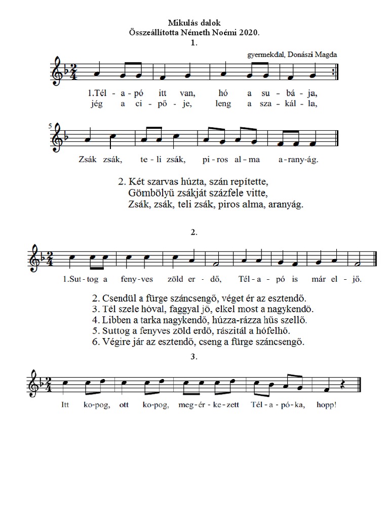 Mikulás Dalok Kottával 2020 | PDF