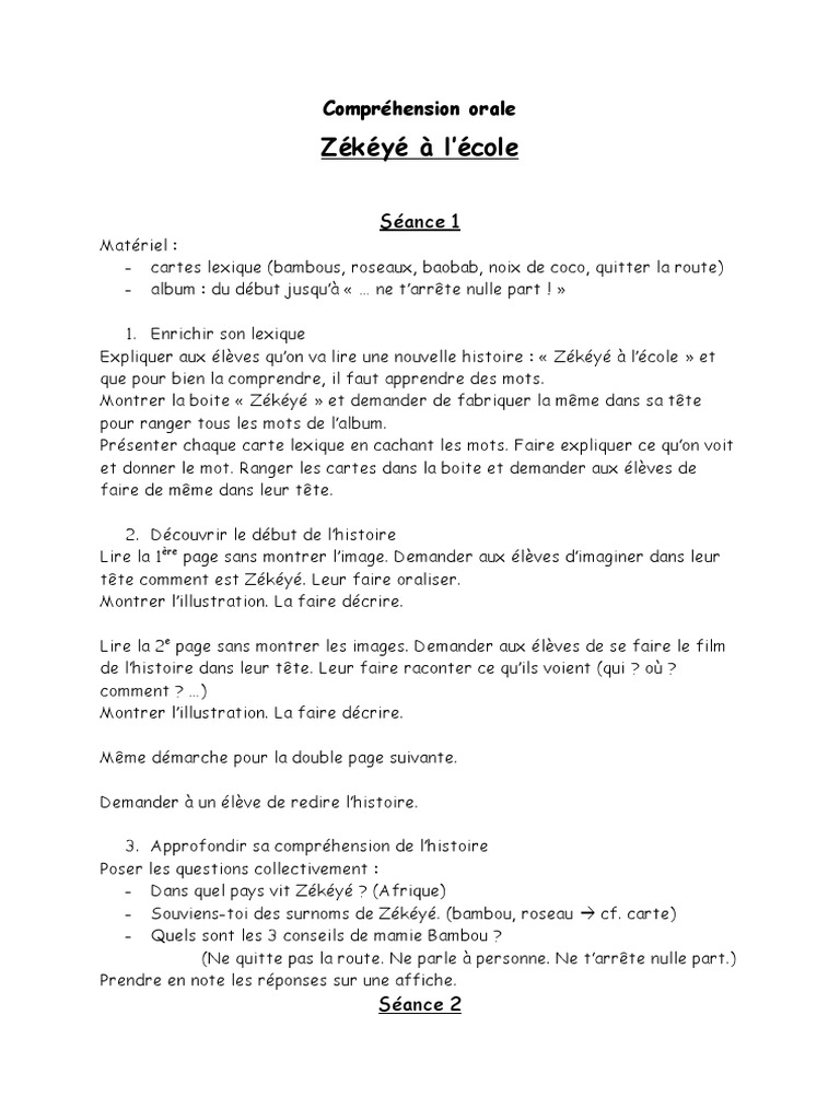 Séquence Compréhension Orale Zékéyé À L'école | PDF | Arts du langage ...