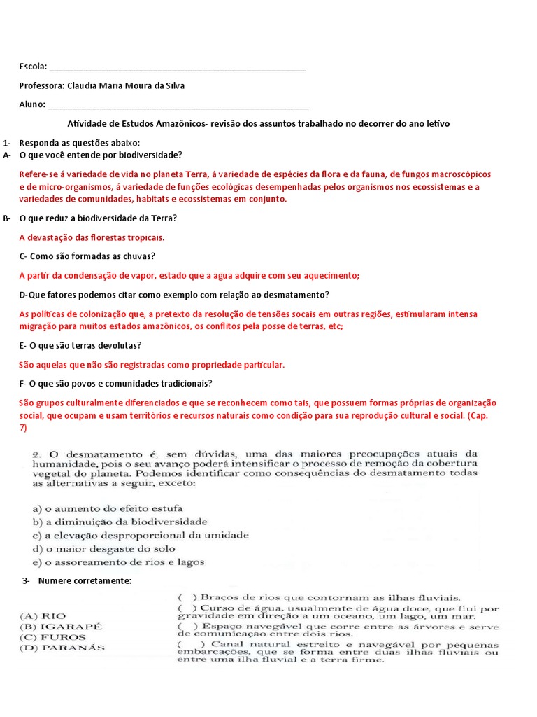 Atividades de Revisao 7 Ano Estudos Amazonicos | PDF