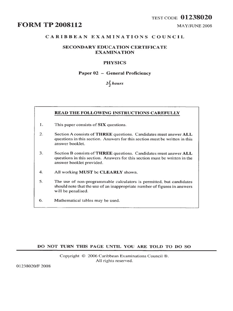 CSEC Physics June 2008 P2 | PDF | Force | Heat