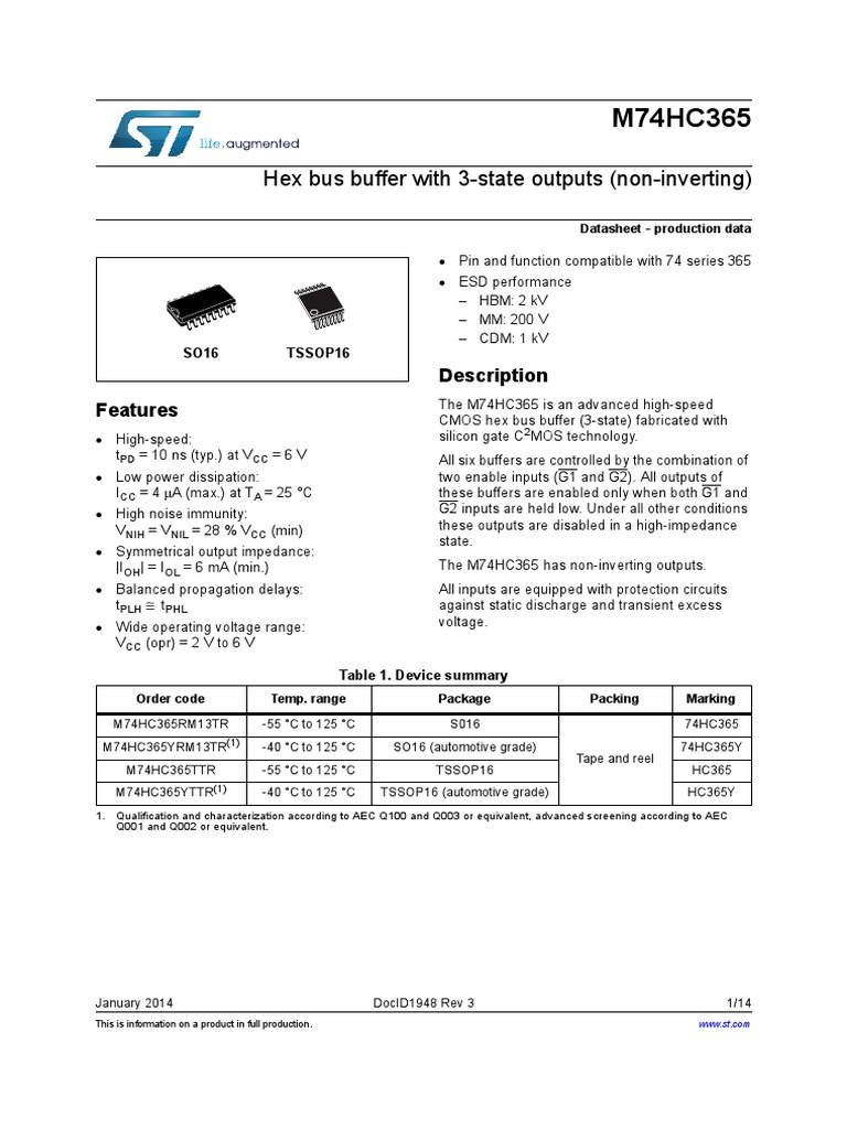 Hex Bus Buffer With 3-State Outputs (Non-Inverting) : Features Description | PDF | Electrostatic ...