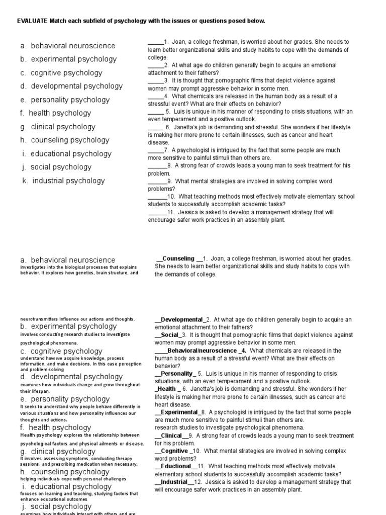EVALUATE Match Each Subfield of Psychology With The Issues or Questions ... EVALUATE Match Each Subfield of Psychology With The Issues or Questions ...