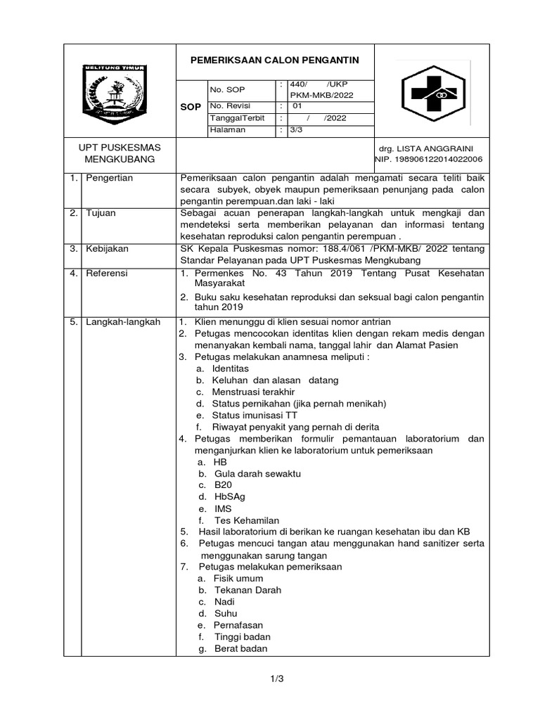 SOP Pemeriksaan Calon Pengantin | PDF