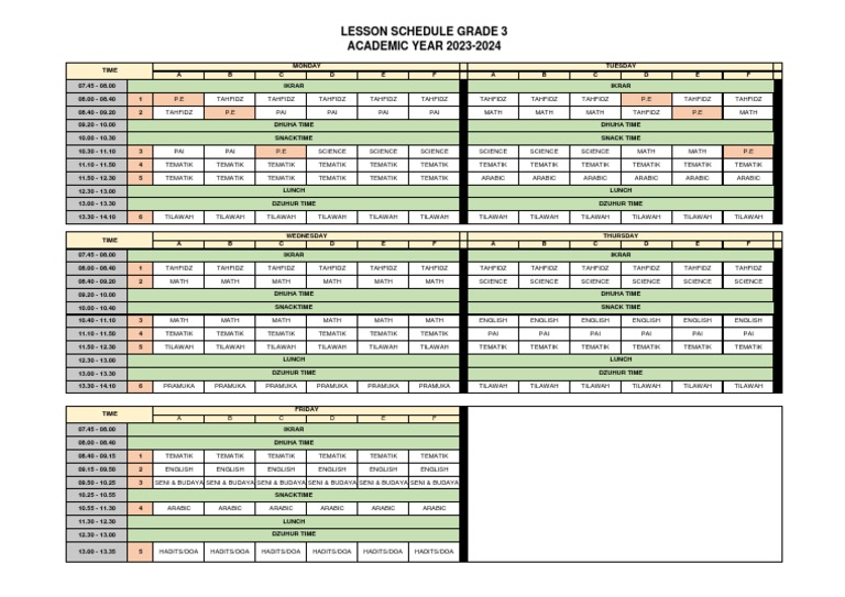 Lesson Schedule Grade 3 TA 2023-2024 | PDF