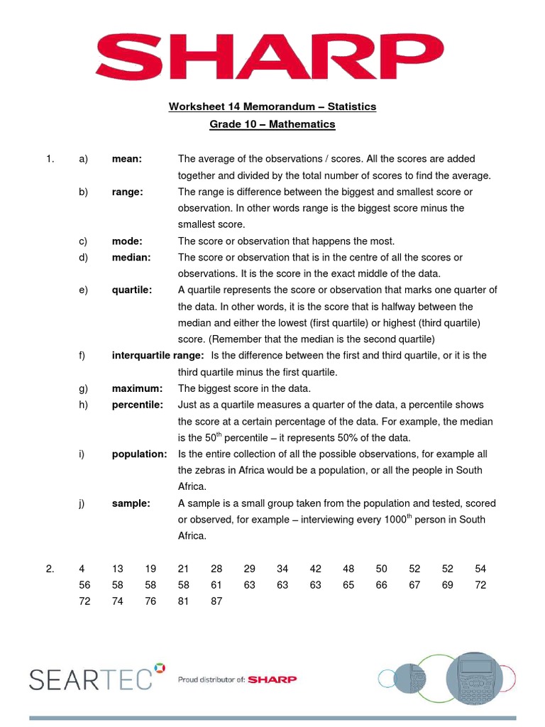 Worksheet 14 Memorandum Statistics Grade 10 Mathematics | PDF ...