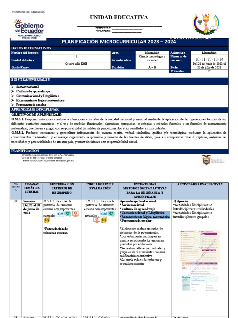 Planificación Semana 10-11-12-13-14 Matemática 8vo EGB | PDF | Exponenciación | Aprendizaje