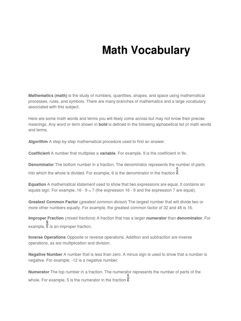 Math Vocabulary | PDF | Numbers | Mathematics