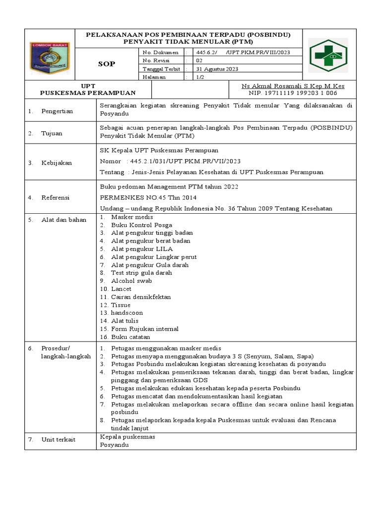 Sop Pelaksanaan Posbindu PTM | PDF