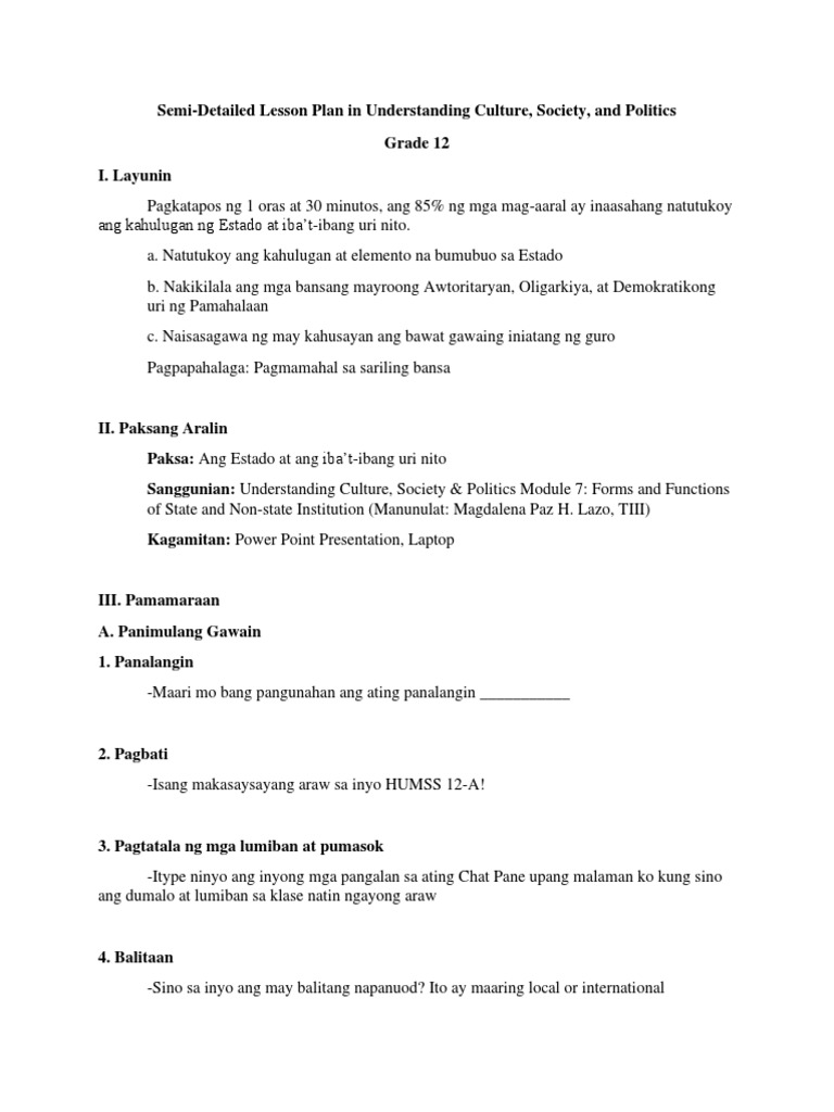 Semi Detailed Lesson Plan UCSP | PDF