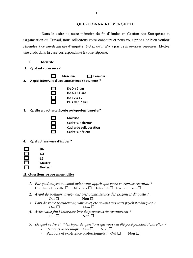 Questionnaire Recrutement MEMOIRE | PDF | Évolution de carrière