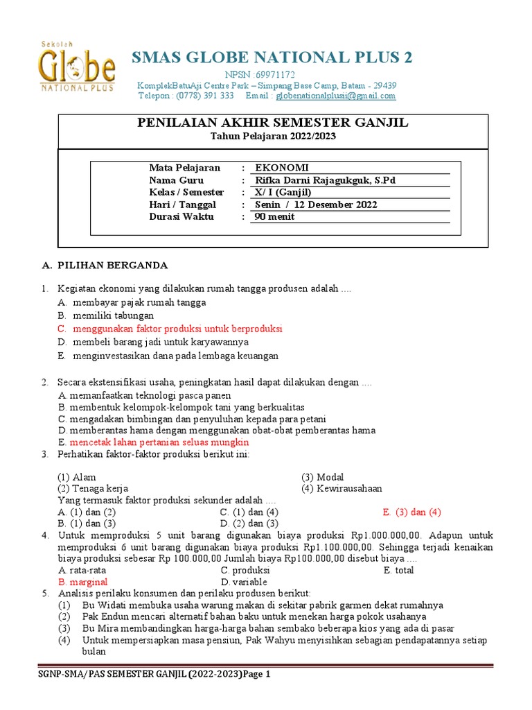 Ujian Ekonomi Kelas X Semester Ganjil | PDF