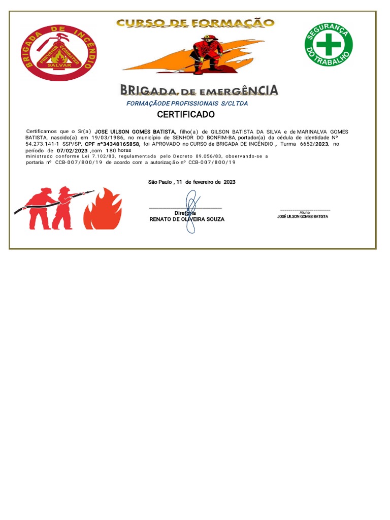 Certificado Brigada de Incêndio 2023-Eda - Uilson@ | PDF