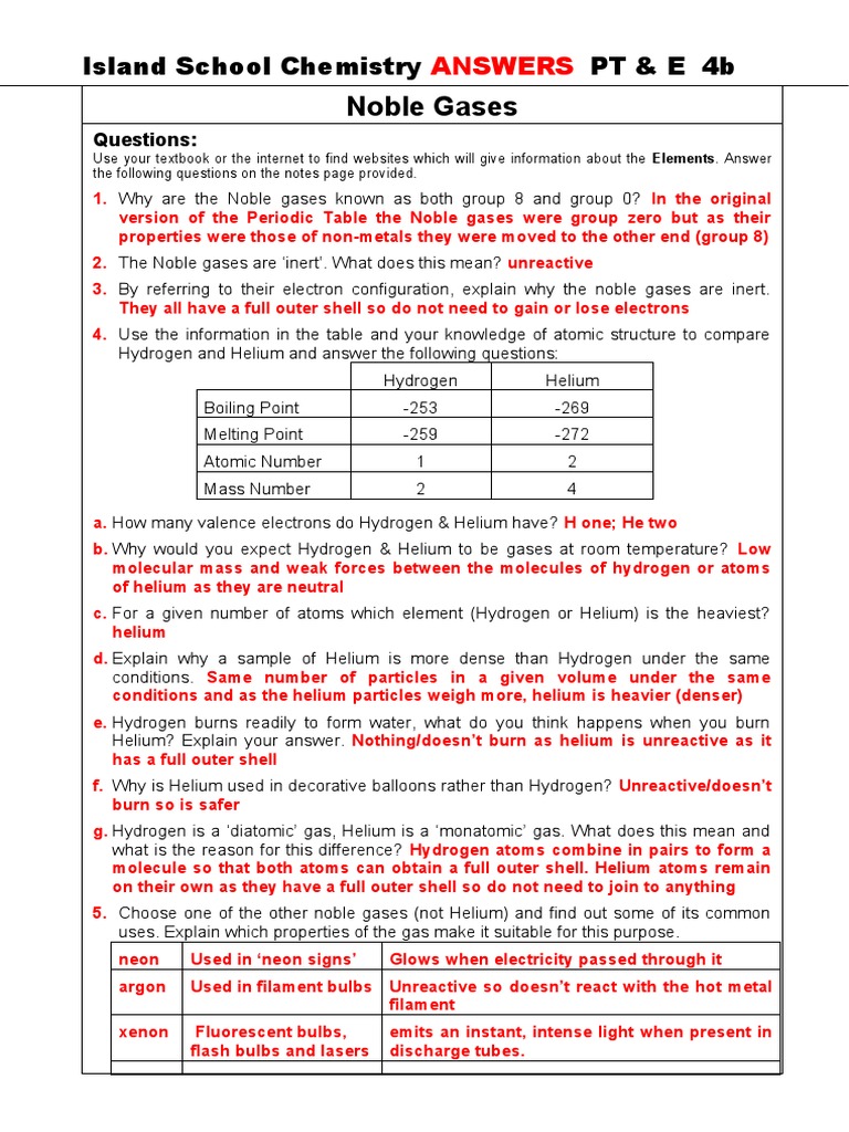 4b ANSWERS Noble Gases (2017) | PDF | Helium | Gases