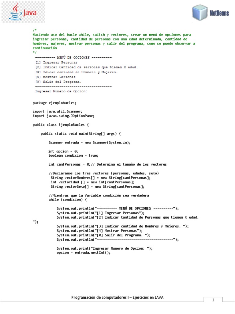 Vectores Ejemplo8 (Menu Opciones) | PDF | Java (lenguaje de programación) | Programación de ...