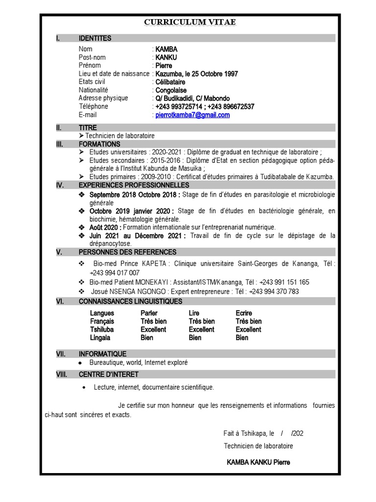 CV de Pierre Kamba, Technicien Lab | PDF