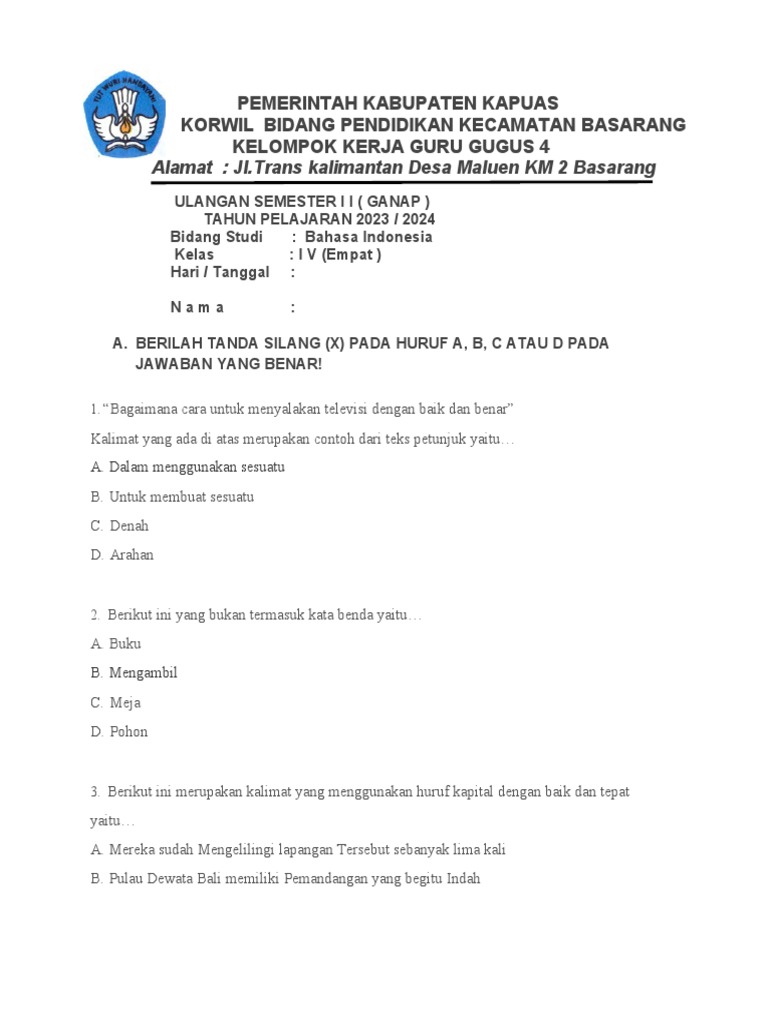 Soal Kelas 4 Uas Bahasa Indonesia | PDF