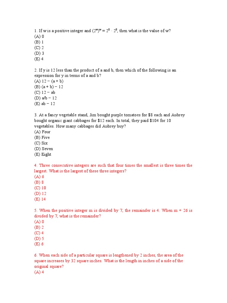 Sat Math Practice Questions 1 Pdf Arithmetic Elementary Mathematics