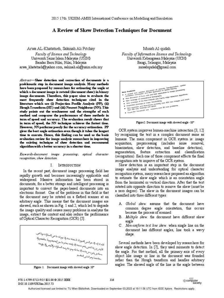Skew Detection Techniques Review | PDF | Optical Character Recognition