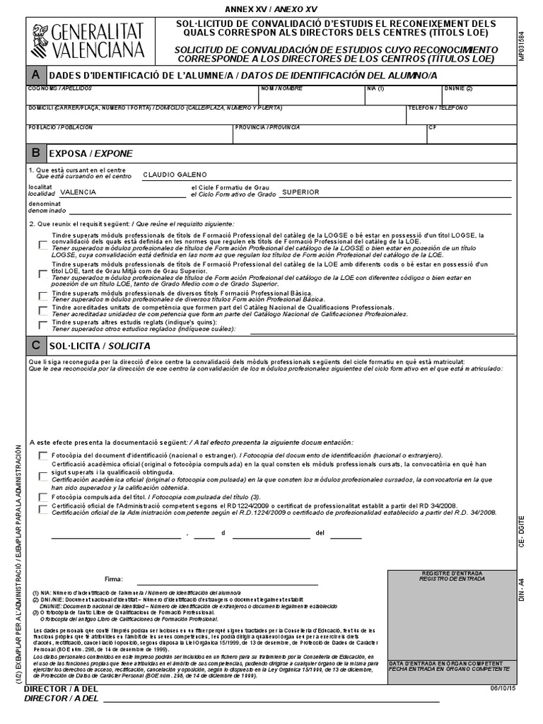 Solicitud de Convalidación de Estudios Cuyo Reconocimiento Corresponde A Los Directores de Los ...