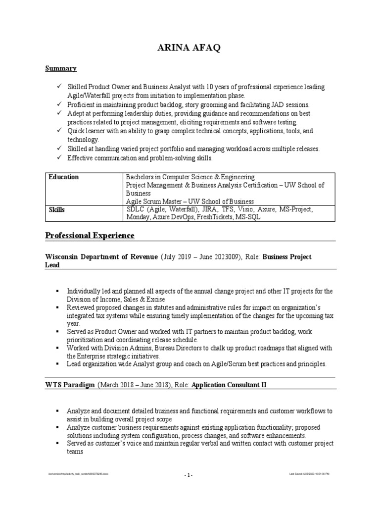 Arina Afaq Resume | PDF | Scrum (Software Development) | Agile Software Development