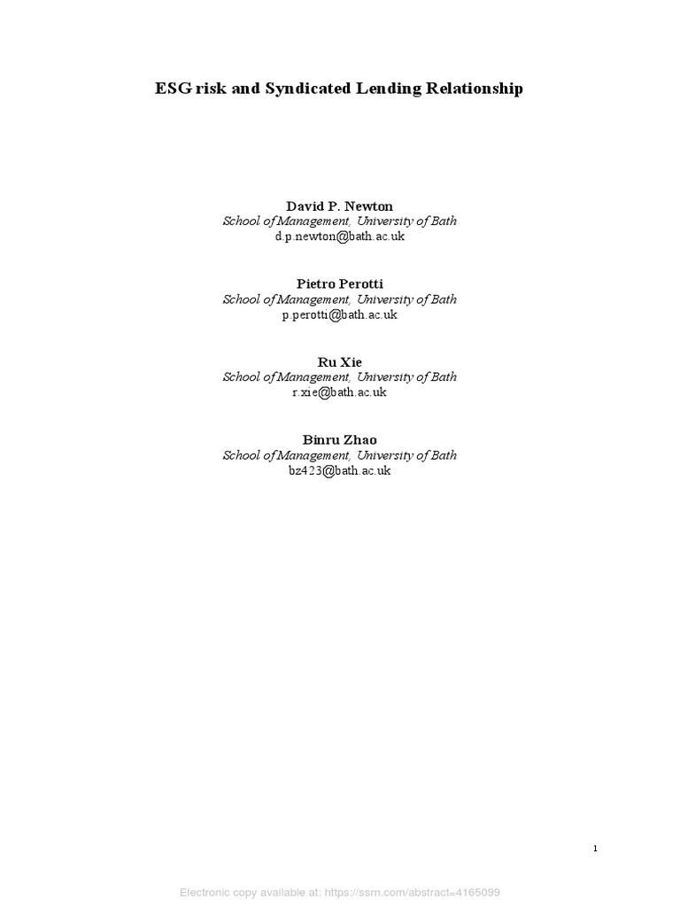 ESG Risk and Syndicated Lending Relationship | PDF | Loans | Banks