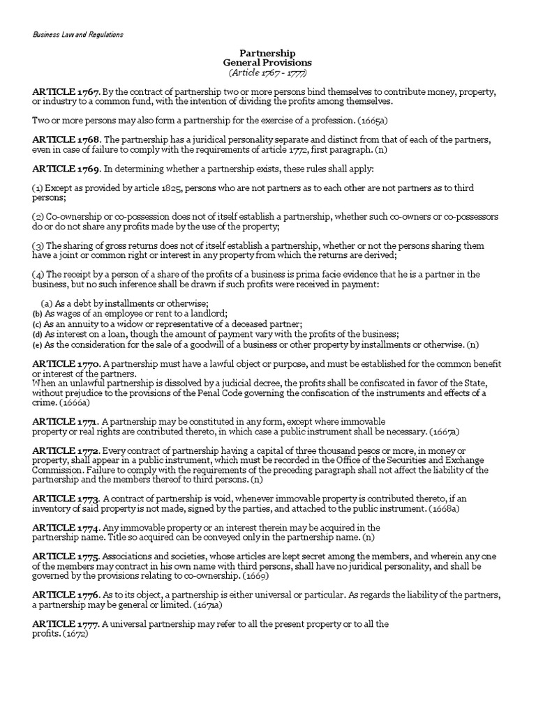 Partnership Articles 1767-1777 Overview | PDF | Partnership | Property