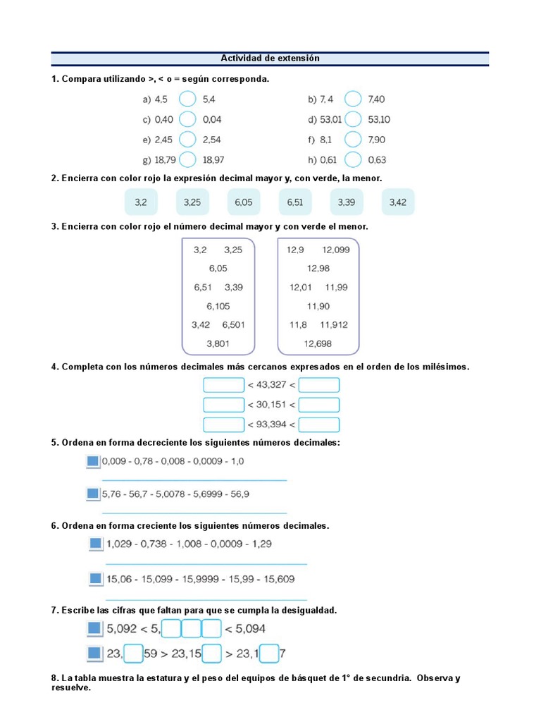 Ficha Comparacion de Decimales | PDF