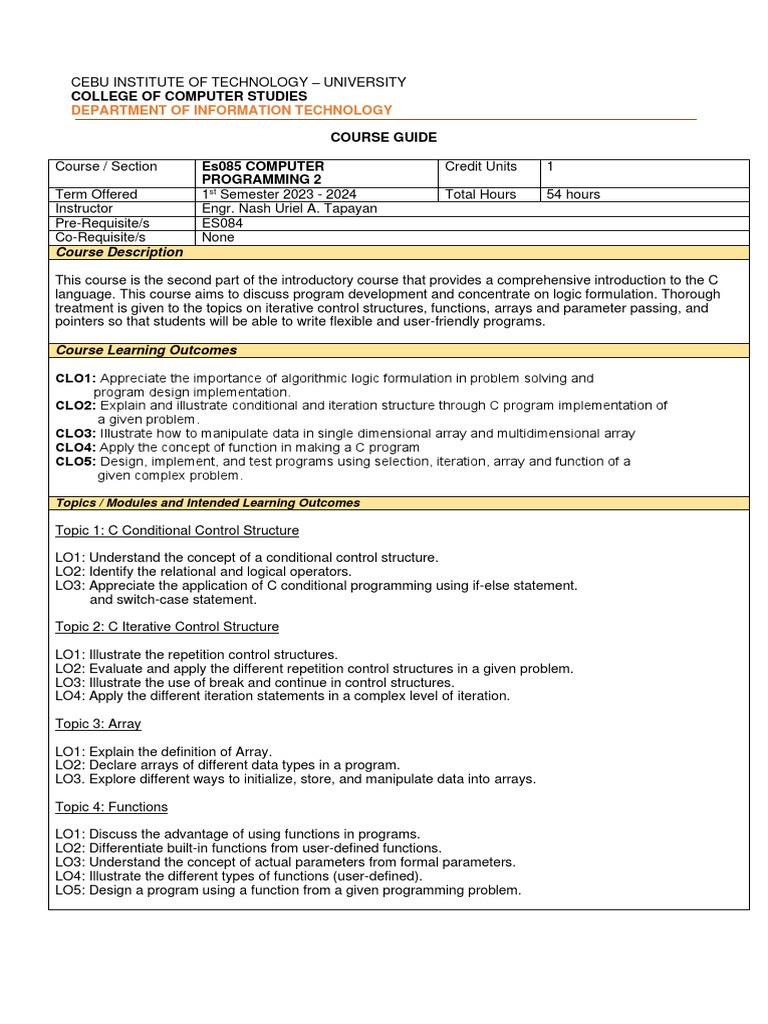 CourseGuide ES085 | PDF | Iteration | Computer Programming