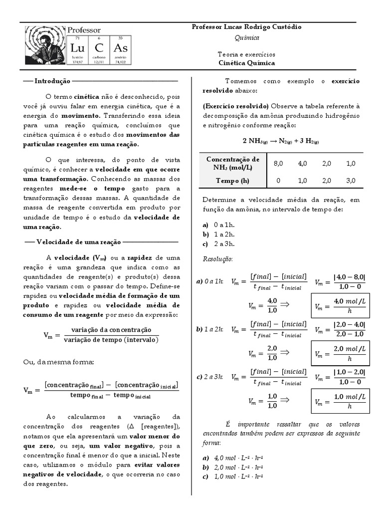 Lista De Exercícios Cinética Pdf Reações Químicas Temperatura