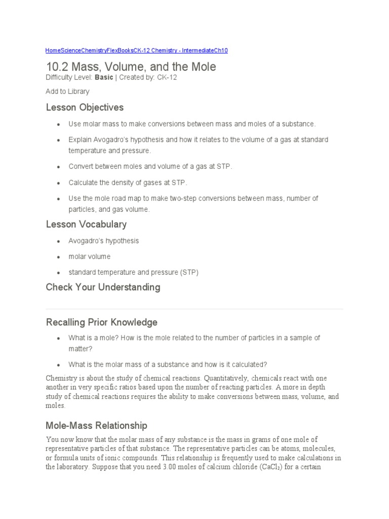 Mass, Volume, and The Mole | PDF | Mole (Unit) | Gases