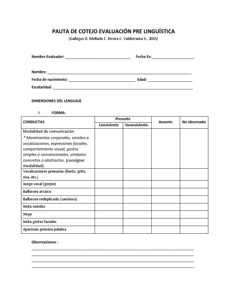 Pauta de Evaluación Prelingüística | PDF | Conceptos psicologicos | Ciencia cognitiva