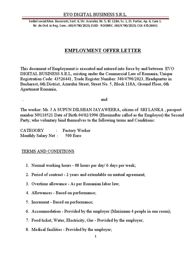 Romania Job Offer Letter for Factory Worker | PDF | Employment | Labour Law