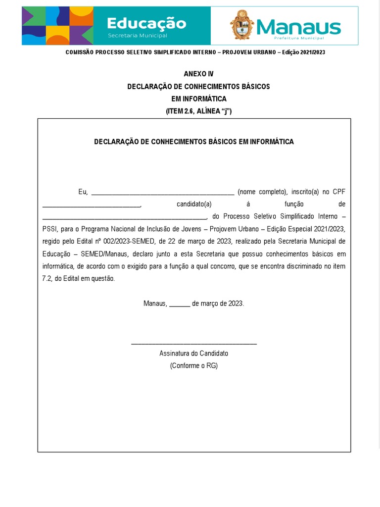 Anexo IV Declaracao de Conhecimentos Basicos em Informatica Nova | PDF