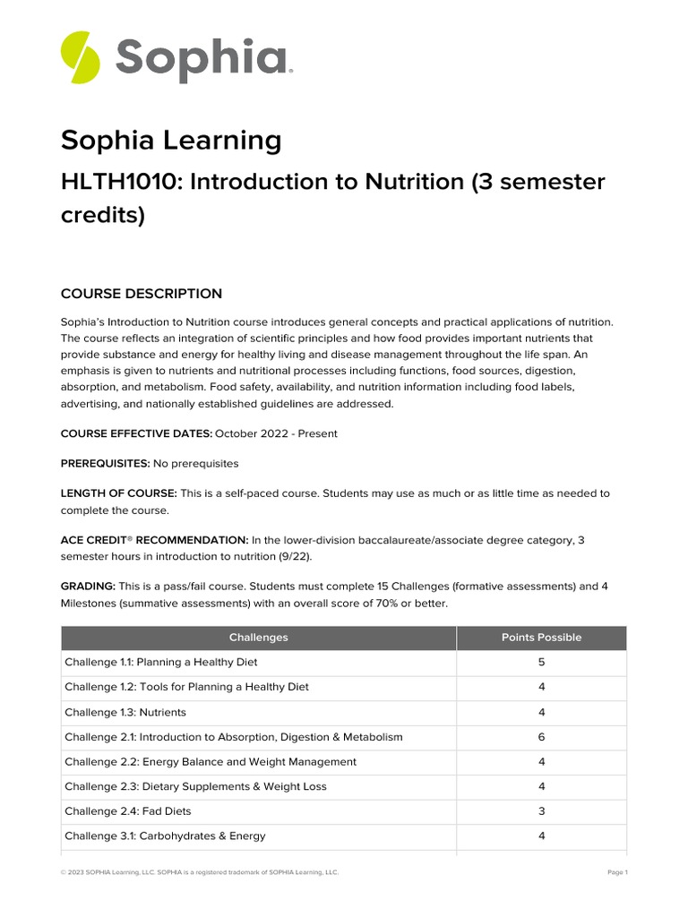 Sophia Introduction To Nutrition Syllabus | Download Free PDF ...
