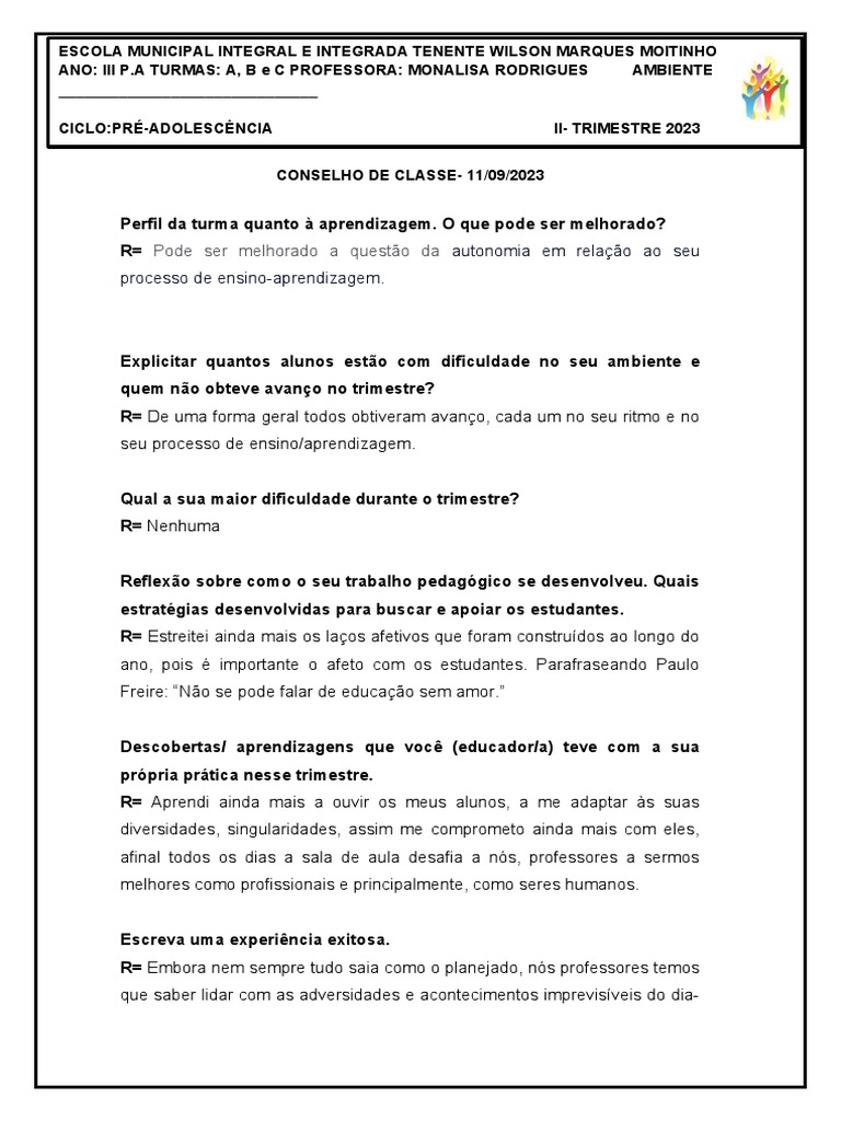Ficha II - de Conselho de Classe 2023 | PDF | Pedagogia | Aprendizado