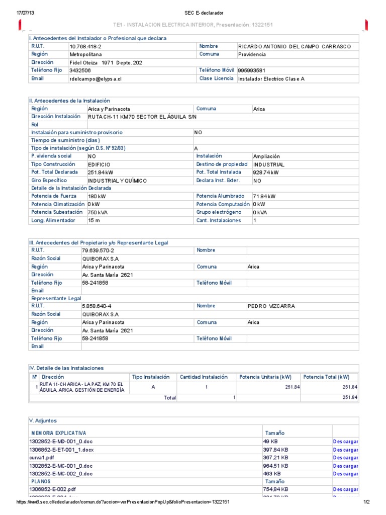 Folio Inscripción SEC 17-07-2013 | PDF | Electricidad | Ingenieria Eléctrica