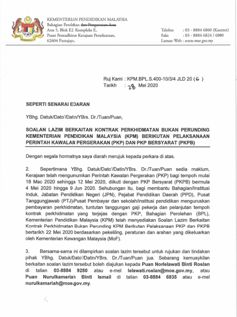 Surat Edaran Soalan Lazim Kontrak Perkhidmatan Bukan Perunding KPM ...